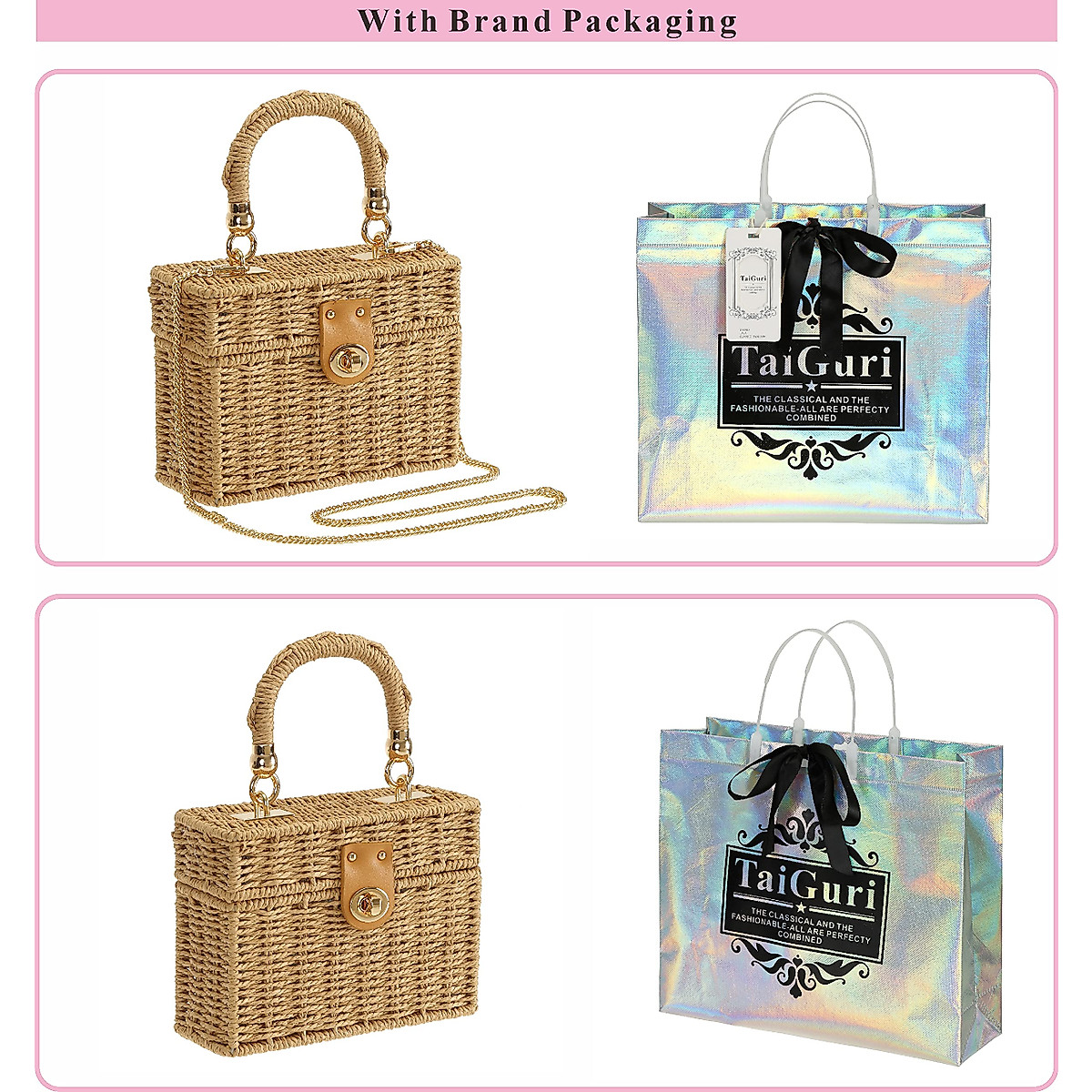 TaiGuri Women's Handmade Straw Rattan Woven Chain Purse Tote Shoulder Bag Handbag, Khaki, Medium