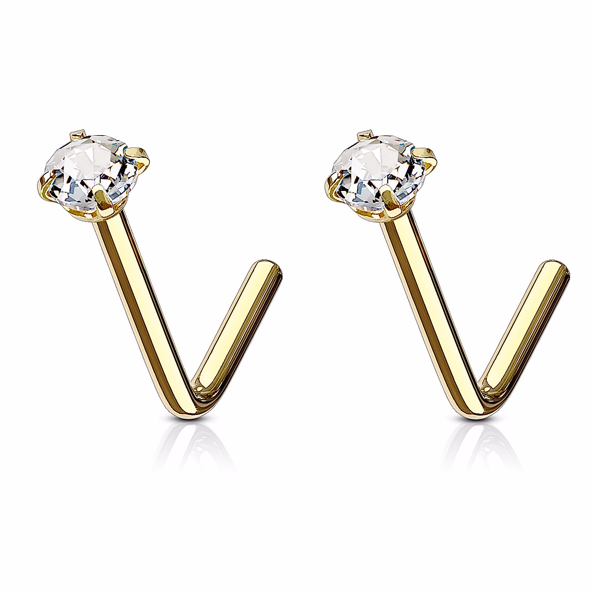 Forbidden Body Jewelry 2 Pack: 20g 6mm Gold IP Plated Surgical Steel L Shaped Nose Ring with 3mm CZ Crystal
