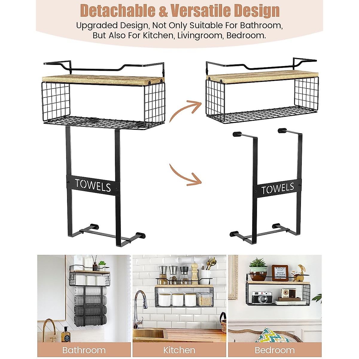Towel Racks for Bathroom Wall Mounted - Bath Wall Towel Holder Set Above Toilet Storage, Rolled Towel Shelf Organizer for Small Bathroom, Wood Vertical Towel Rack for Bathroom Wall Decor