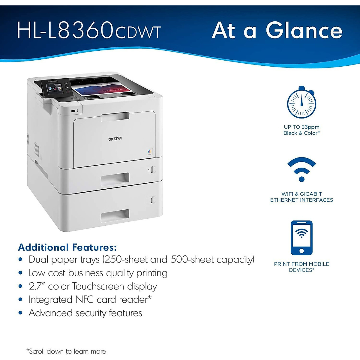 Brother HL-L8360CDWT Business Color Wireless Laser Printer Single-Function - Print Only - 2.7" Touchscreen LCD, 33 ppm, 600 x 2400 dpi, Auto Duplex Printing, 1GB Memory, Dual Trays, NFC, Ethernet