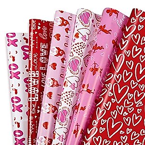 Whaline 12 Sheet Valentine's Day Wrapping Paper 6 Design Love Heart Wrapping Paper Red Pink White Patterned Art Paper for Wedding Anniversary Baby Shower Birthday Gift Wrap, 19.7 x 27.6 Inch