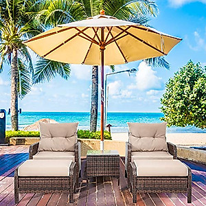 Vongrasig 5 Piece Wicker Patio Conversation Set, PE Wicker Rattan Outdoor Lounge Chairs Set of 2 with Soft Cushions, Ottomans and Glass Table for Porch, Garden, Brown