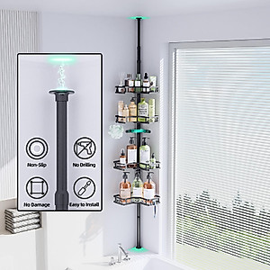 HEVEL Corner Shower Caddy Tension Pole, 4 Tier Adjustable Shower Organizer Corner 62-115 Inch, Rustproof Bathroom Corner Shower Shelves for Bathtub Storage
