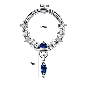 16G Septum Rings Blue Waterdrop Diamond Dangle Septum Jewelry CZ Planet Lucky Star Daith Earring 361L Surgical Stainless Steel Cartilage Piercing Crescent Moon Hinged Earrings Nose Helix Ring Clicker