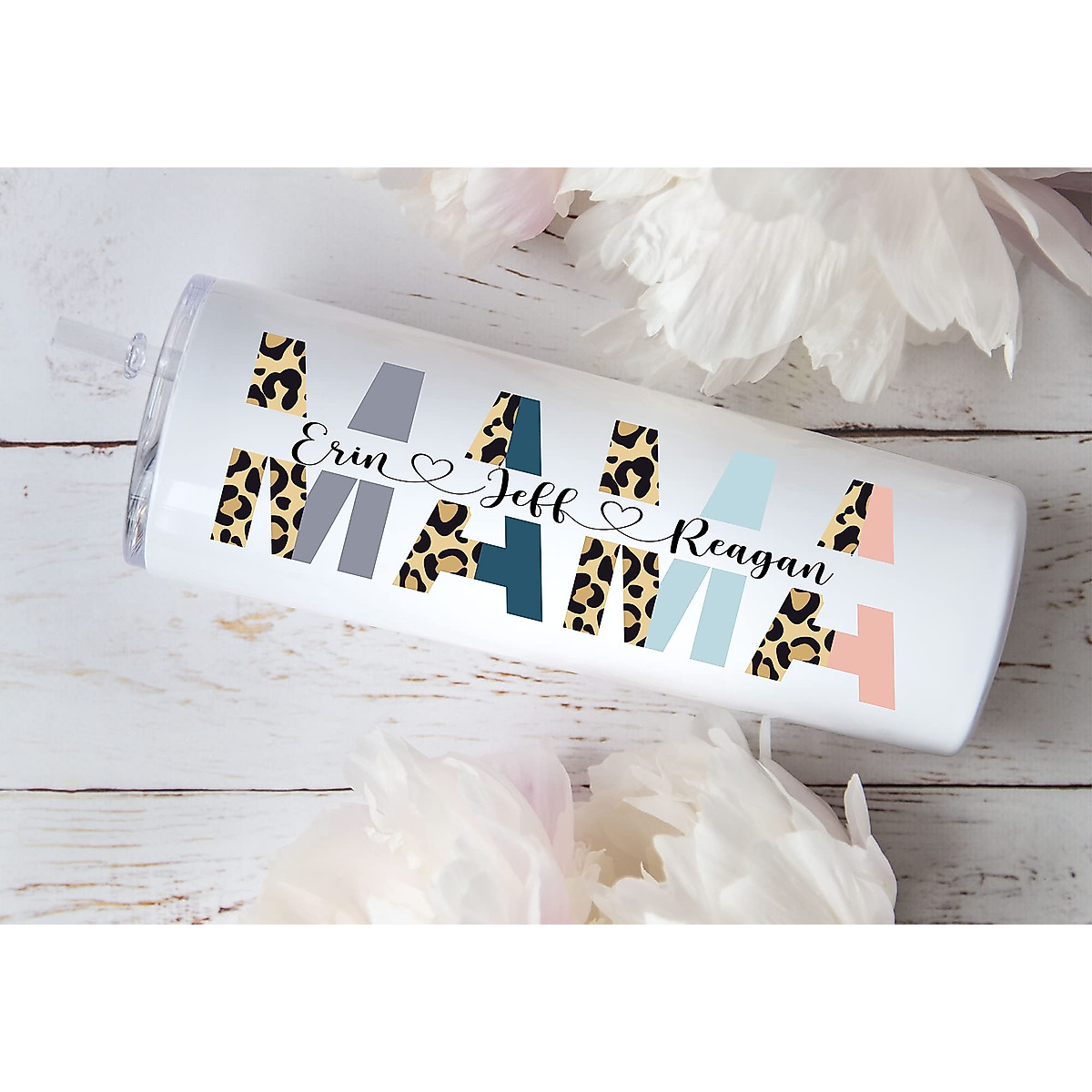 AVITO 20 oz Personalized Mama Tumbler with Kids' Names - Gift for Mom - Mother's Day Gift - Stainless Steel - Vacuum Insulated - Tumbler with Name - Skinny Tumbler with Straw