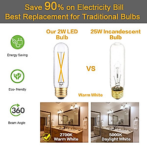 Dimmable 2W Tubular LED Bulbs, 2700K Warm White, Edison Style Filament Light Bulb, Vintage T10 Lamp Bulb 25 Watt Equivalent, E26 Medium Base 200LM,Clear Glass Cover,3Pack