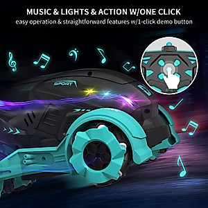 AONGAN Remote Control Car - 2.4 GHz RC Stunt Car 4WD w/Mecanum Wheels, All-Terrain Tires & All Directions, Lights Music & Spray Function Gifts Toys for Boys Girls 5 6 7 8 9 Years Old (Blue)