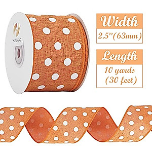 HUIHUANG Orange Polka Dot Wired Ribbon Orange and White Dot Ribbon Wired Edge Burlap Ribbon, 2.5 inch X 10 Yards Wreath Ribbon with Wire for Crafts Fall Wreath Supplies Gift Wrapping Basket Bows Decor