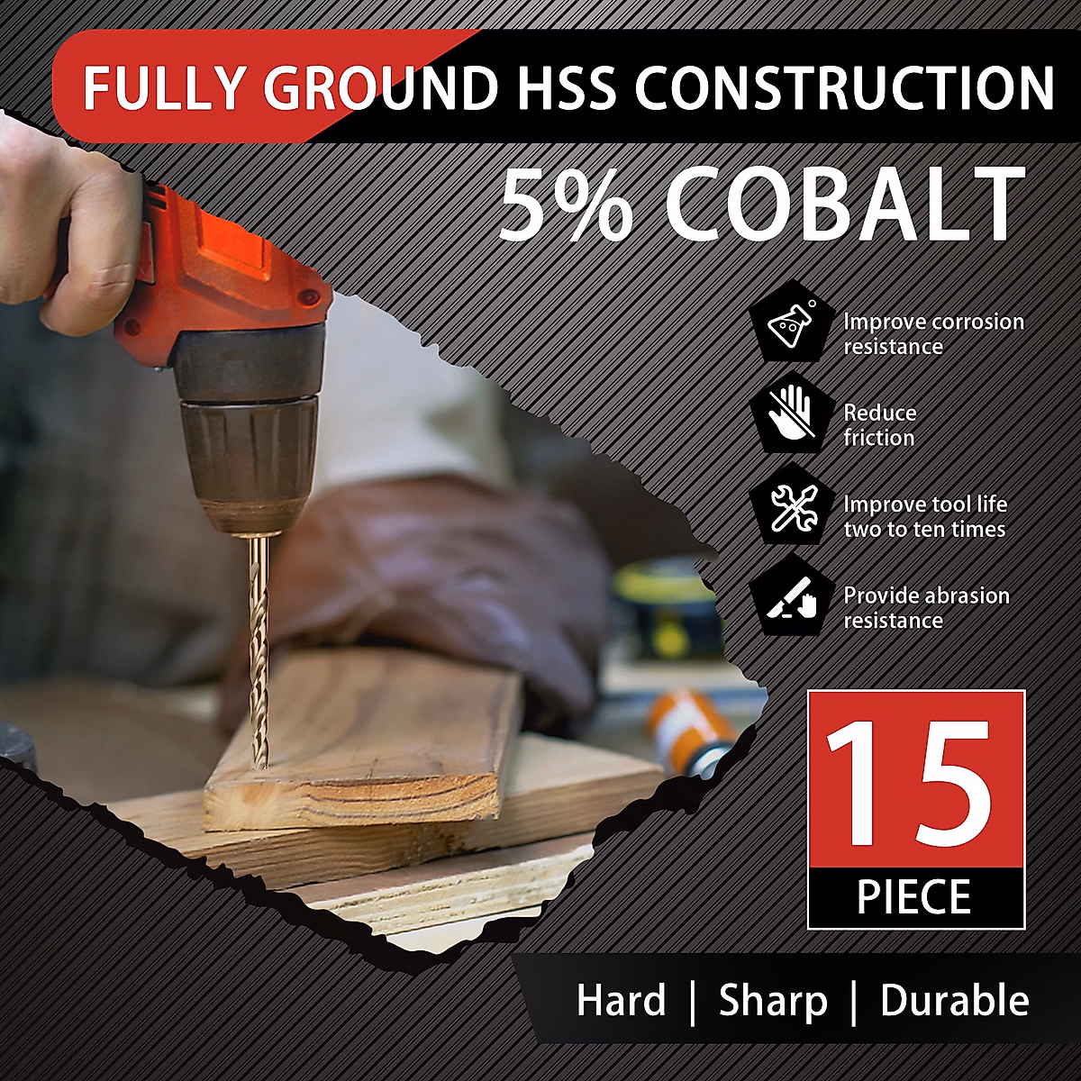 AIMLENTOOL 15Pcs Cobalt Drill Bit Set, M35 HSS, SAE (1/16" - 3/8"), 135° Tip, Twist Jobber Length Drill Bit Kit for Hardened Metal, Stainless Steel, Cast Iron, Plastic and Wood, Indexed Storage Case