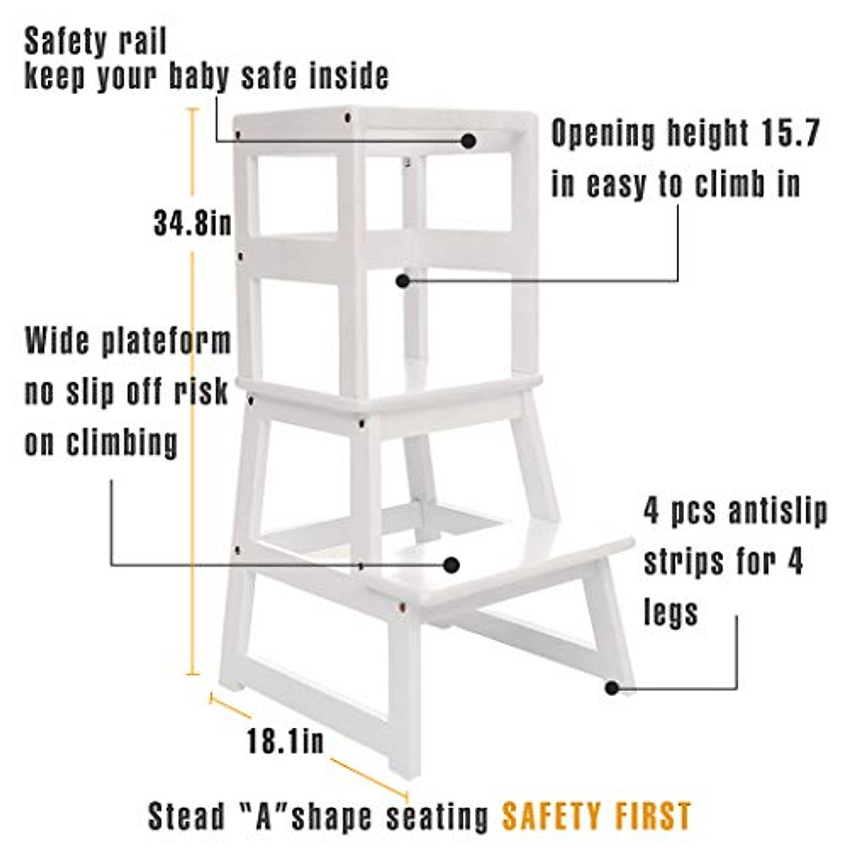 SDADI Kids Kitchen Step Stool with Safety Rail- for Toddlers 18 Months and Older, White LT01W