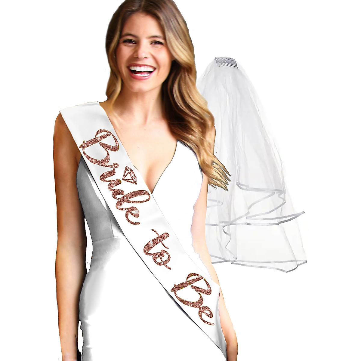 Bride Sash and Veil - SET OF 2: Rose Gold Sparkle Diamond Bride to Be PREMIUM BRIDAL GRADE White Satin Sash & White Veil - Bridal Shower Veil and Sash - Veil Set(RG DiB2B) Wht