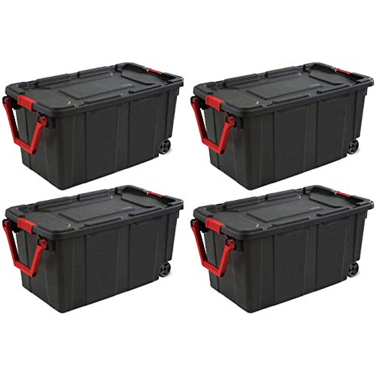 Sterilite 14699002 40 Gallon/151 Liter Wheeled Industrial Tote, Black Lid & Base w/Racer Red Handle & Latches, 4-Pack