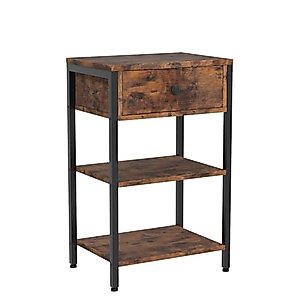 Hoctieon End Table, 3 Tiers Side Table with Drawer and Open Storage Shelf, Industrial Nightstand for Bedroom, Living Room, Easy Assembly, Wood, Rustic Brown