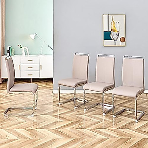 Baysitone Modern Dining Chairs Set of 4, Side & Kitchen Chairs with Silver Frame, Faux Leather Padded Seat High Back, for Dining, Kitchen & Living Room, Champagne