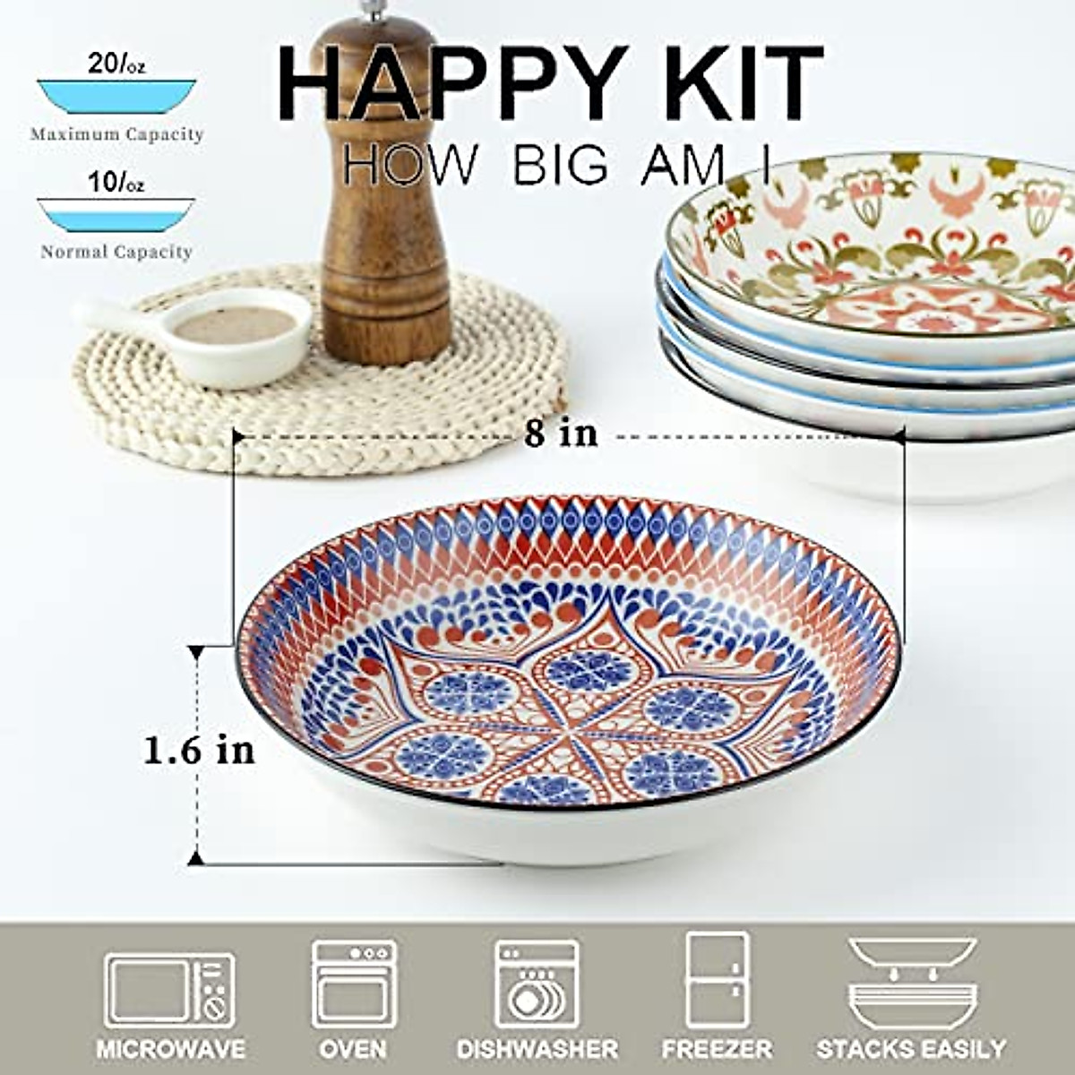 HAPPY KIT 8 inch Pasta Bowls, Salad Bowls Set of 6 for Dessert Appetizer Pasta Bread, Scratch Resistant & Leak Free, Microwave, Oven and Dishwasher Safe, Multiple Pattern