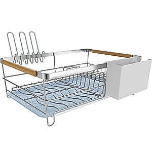 FLIORS Dish Drying Rack Stainless Steel, Dish Racks for Ditchen Counter, Rotating Spout, Detachable Draining Board, Scratch Proof, Rust Proof, Dish Rack for Cups, Cutlery and Cutting Boards