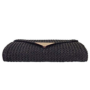 JNB Natural Straw Clutch, Black Medium