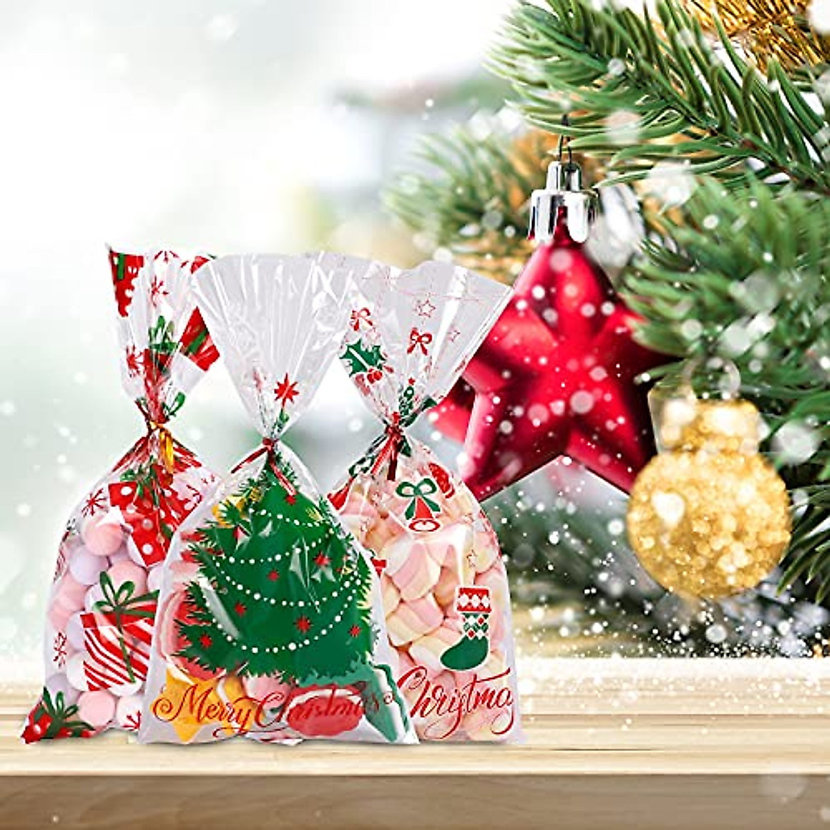 SUPERLELE Christmas Cellophane Bags 168 PCS with 180 PCS Twist Ties 8 Assorted Styles as Gift Box Santa Snowman Pattern Snack Bags for Treat Candy Goodie Christmas Party Supplies