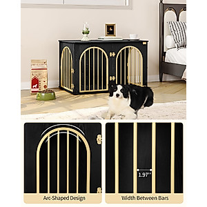 Hzuaneri 39.4'' Wooden Dog Crate Furniture TV Stand, Indoor Dog Kennel for Small/Medium/Large Dogs, End Side Table Dog Crates, Anti-Chew, Anti-Escape, Arched Door Design, Black Gold DFC84104A