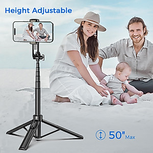 Selfie Stick Travel Tripod for Cell Phone with Remote Control and Phone Holder, Extendable Selfie Stick for iPhone, iPhone Tripod for Video Recording, 50 Inch, Black