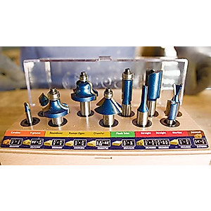 BOSCH RBS010 10-Piece 1/2 In. and 1/4 In. Shank Carbide-Tipped All-Purpose Professional Router Bits Assorted Set with Case for Applications in Straight, Trimming, Decorative Edging, Dovetail Joinery