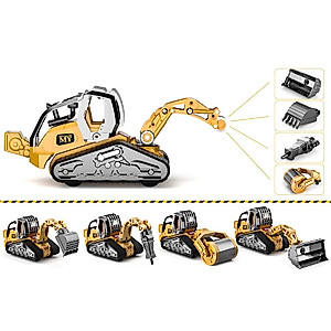 Gemini&Genius Construction Truck 4 in 1 Excavator with Metal Loader Shovel, Roller Shovel and Impact Hammer Construction Vehicle Die-cast Toys for Kids (Wheeled with Tracked)