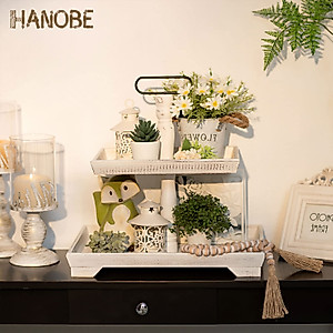 Hanobe Tiered Tray for Table Decor: 2 Tier Serving Stand Farmhouse Decorative Tray for Coffee Bar Centerpiece Rectangle Wood Display Stands Kitchen Counter (White)