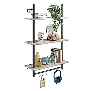 Bestier Floating Shelves, Storage Hanging Shelves for Wall Decor with Towel Bar and Hooks for Living Room Kitchen Coffee Bar, Grey