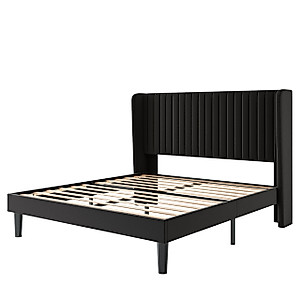 SHA CERLIN Queen Size Velvet Bed Frame with Vertical Channel Tufted Wingback Headboard, Upholstered Platform Bed with Wood Slats, No Box Spring Needed, Easy Assembly, Black