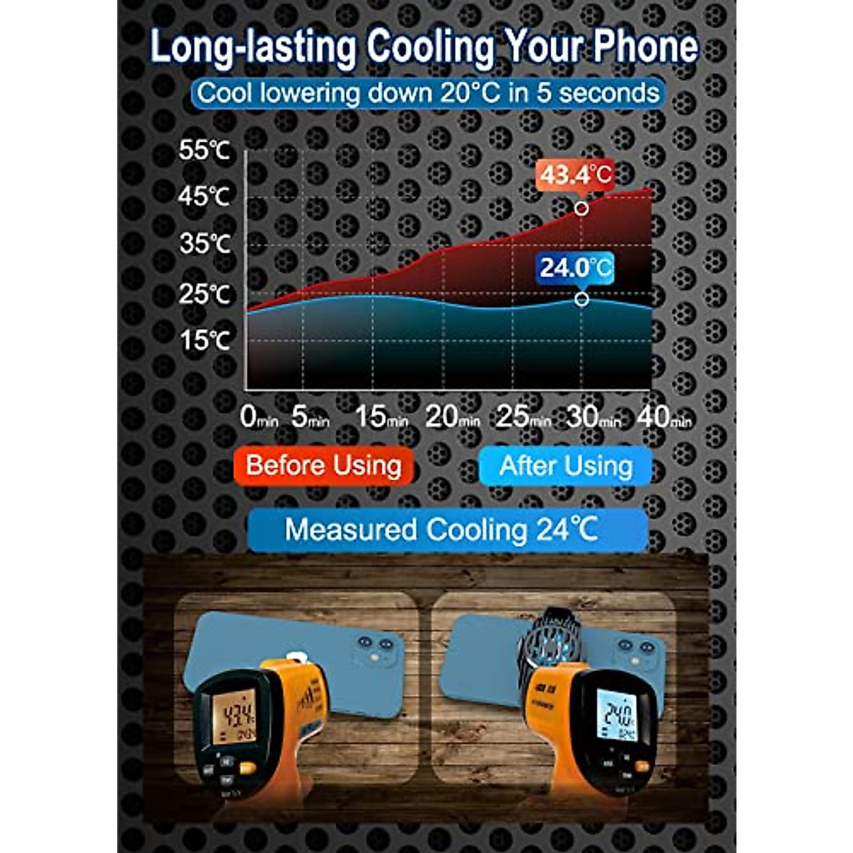 Phone Cooler for iPhone, Gaming Phone Cooling Accessories, Phone Fan Radiator for Phone Width from 2.6" to 3.5", Cell Phone Game Semiconductor Heatsink for Gaming, Live Streaming, Watch Videos -Black