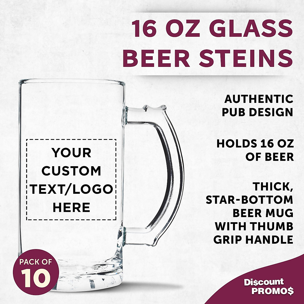 DISCOUNT PROMOS Custom Glass Beer Mug 16 oz. Set of 10, Personalized Bulk Pack - Great for Wedding Favors, Groomsmen Gifts, Birthday Gifts - Clear