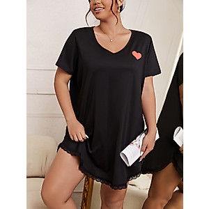Floerns Women's Plus Size V Neck Short Sleeve Lace Trim Nightdress Sleepwear Black 3XL