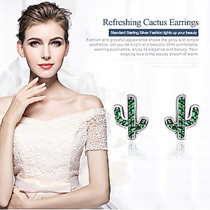 BISAER Cactus 925 Sterling Silver Stud Earrings with Green Cubic Zirconia, Green Plants Post Stud Earring Hypoallergenic Jewelry for Women