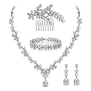 Crysdue Wedding Jewelry Set for Women, Floral Necklace Dangle Earrings Bracelet Hair Comb Set, Cubic Zirconia Elegance Wedding Party Jewelry for Bridal Bridesmaid
