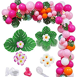 105Pcs Pink Green Tropical Flamingo Balloon Garland Kit, Luau Balloon Party Decorations, DIY Hawaii Balloon Arch Garland with Palm Leaves,Plumeria for Birthday Party Wedding Bachelorette Baby Shower