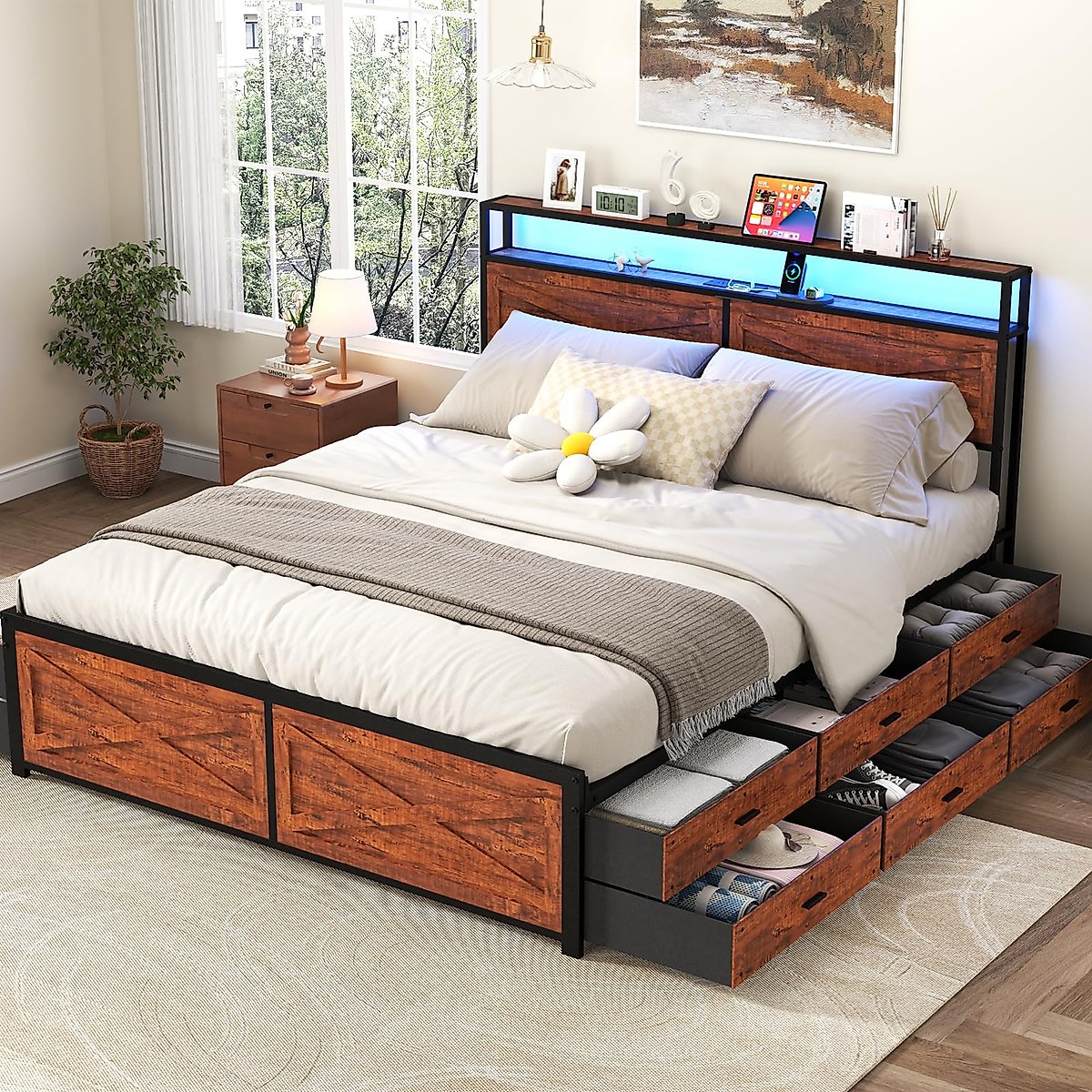 Kiivakii King Size Bed Frame with 12 Storage Drawers, LED Headboard with Charging Station, Metal Platform Bed Frames, No Box Spring Needed, Noise Free, Stable and Solid, Brown