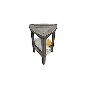 CoastalVogue Flexi Corner Teak Shower Corner Stool Wood Corner Shower Seat Spa Bench with Shelf, 15" Corner Shower Foot Stool in Antique Gray Finish