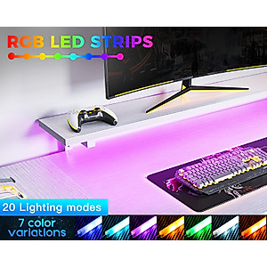 ODK U Shaped Desk with Power Outlets & LED Strip & Monitor Stand, 66" Reversible L Shaped Desk with Drawers and Storage Shelf, Home Office Gaming Desk, All White