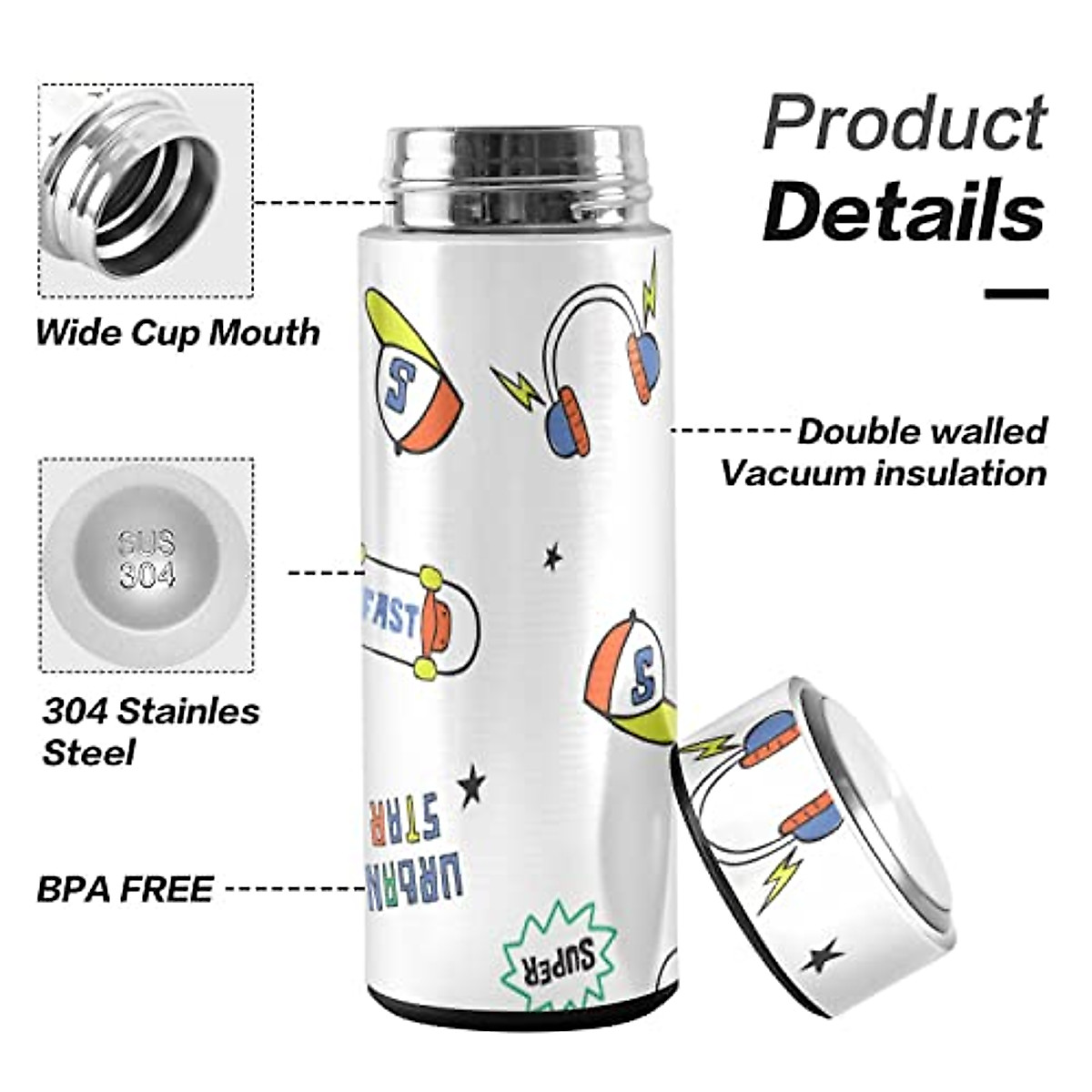 CaTaKu Cute Funny Sport Water Bottle Insulated 16 oz Stainless Steel Flask Thermos Bottle for Coffee Water Drink Reusable Wide Mouth Vacuum Travel Mug Cup