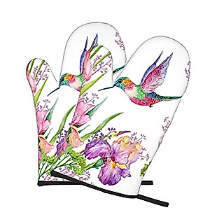 Garden with Birds and Flowers Printed Heat Resistant Kitchen Oven Gloves, Non-Slip Washable Cooking Gloves for Baking and Grilling