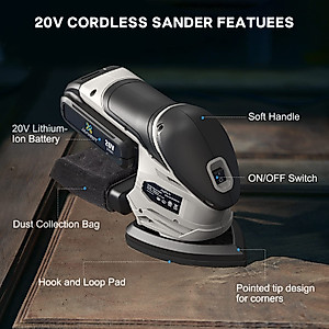 Cordless Detail Sander for Woodworking,20V Hand Sander with 1X2.0A Battery & Charger, 15000 OPM Mouse Detail Sander with 15PCS Sandpapers, Efficient Dust Collection System Tools for Wood Furniture