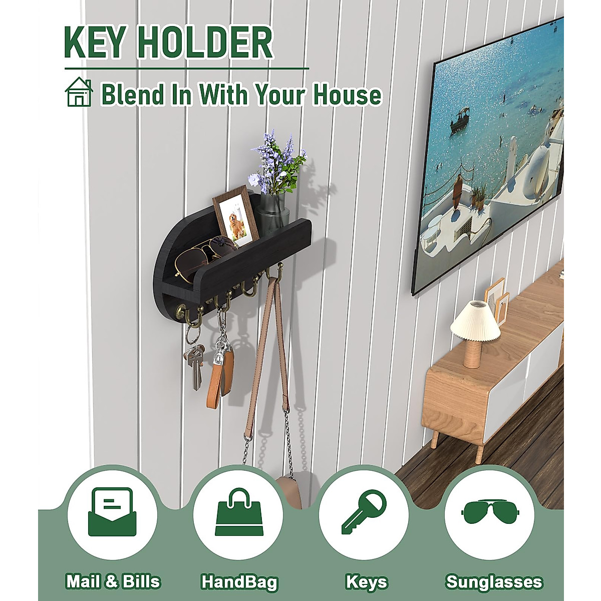 buways Key Holder Wall Mount,Key Holder for Wall Decorative Key and Mail Holder with Shelf,Modern Key Rack for Home Wall Decor for Apartment Office Entryway Front Door Living Room (Stylish Black)