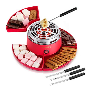 FOHERE Smores Maker Tabletop Indoor, Flameless Electric Marshmallow Roaster with 4 Detachable Trays & 4 Roasting Forks, Movie Night Supplies & Housewarming Gift, Red