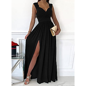 Dokotoo Womens Ladies Elegant Floor Length A Line Wrap Deep V Neck Backless Ruched Pleated Ruffled Split Long Maxi Formal Evening Party Prom Dress Bridesmaid Wedding Guest Dresses Black M