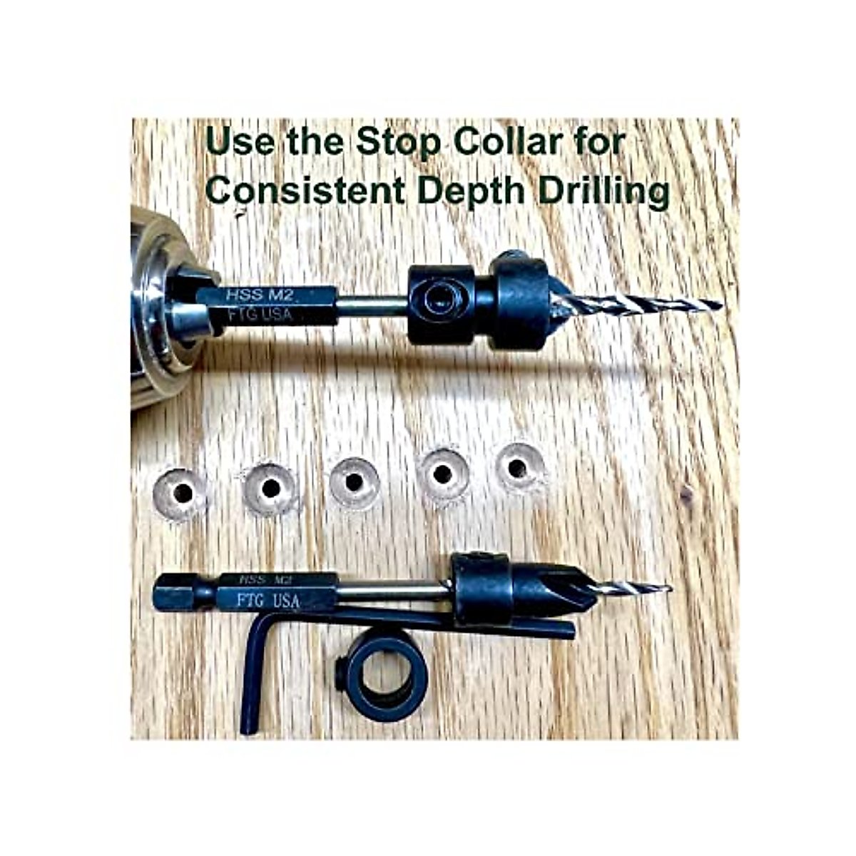 FTG USA Wood Countersink Drill Bit Set 3 Pc Countersink Drill Bit #6#8#10 Tapered Drill Bits with Improved Countersink Connection Drill Bit to Hex Shank Without Pin, 1 Stop Collar, 1 Allen Wrench