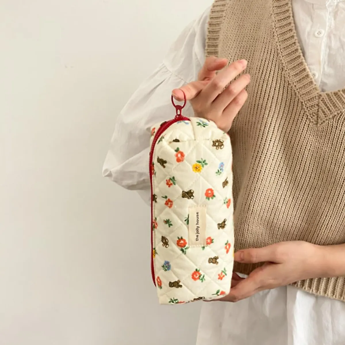 BILIPOPX 3 Pack Kawaii Cute Makeup Bag Bear Aesthetic Travel Quilted Cotton Cosmetic Bag Organizer Toiletry Pouch for Women Teen Girls (Bear Flower)