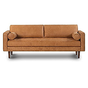 POLY & BARK Napa Leather Couch – 88.5-Inch Leather Sofa with Tufted Back - Full Grain Leather Couch with Feather-Down Topper On Seating Surfaces – Pure-Aniline Italian Leather – Cognac Tan