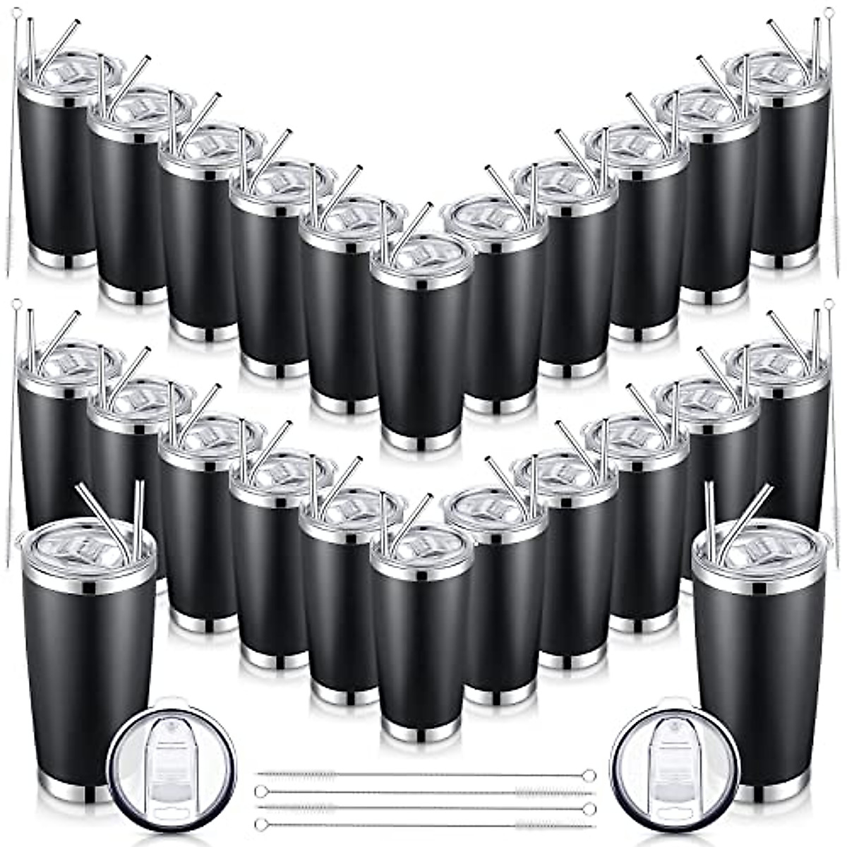 SEEWEY 24 Pack Insulated Travel Tumblers 20oz Tumbler Double Wall Vacuum Travel Mug with Lid and Straw Stainless Steel Double Wall Coffee Cups Powder Coated Coffee Mug for Cold and Hot Drinks (Black)