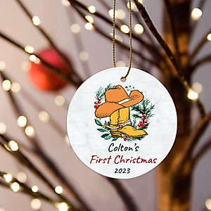 MeMate Personalized Babys First Christmas 2023 Ceramic Ornament, Western Baby's 1st Christmas Ornaments Keepsake, Cowboy Baby Name Ornaments, Christmas Decoration for Newborn