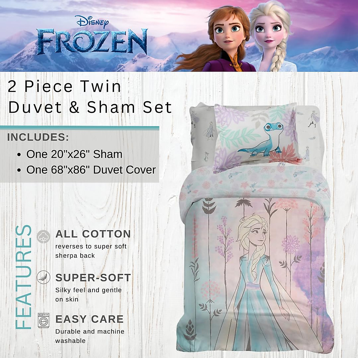 Franco Frozen 2 Kids Bedding Super Soft Premium Organic Cotton Duvet Cover with Sham, 2 Piece Twin Size, (Officially Licensed Product)